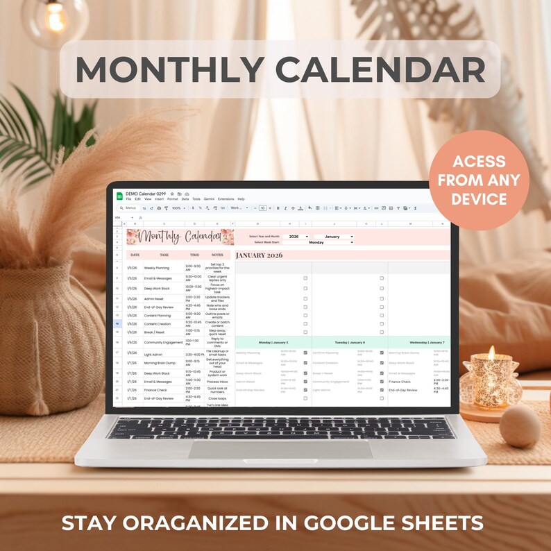 Editable Google Sheets Monthly Calendar Planner | Auto-populating ...