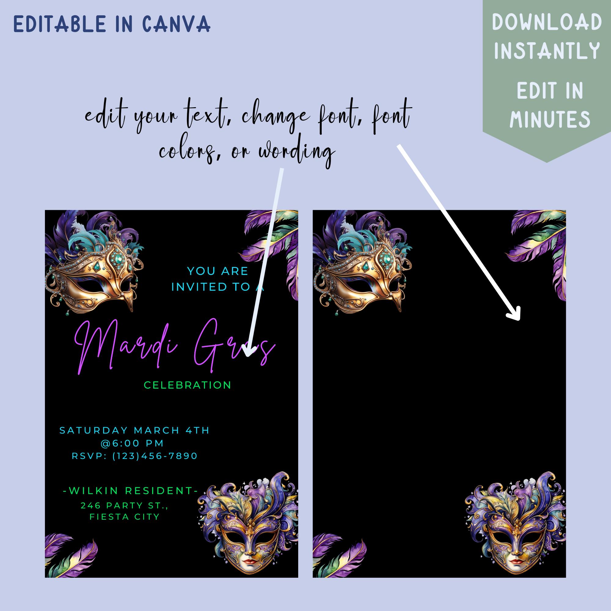 Editable Mardi Gras Birthday Invitation Carnival Themed Masquerade Mask ...
