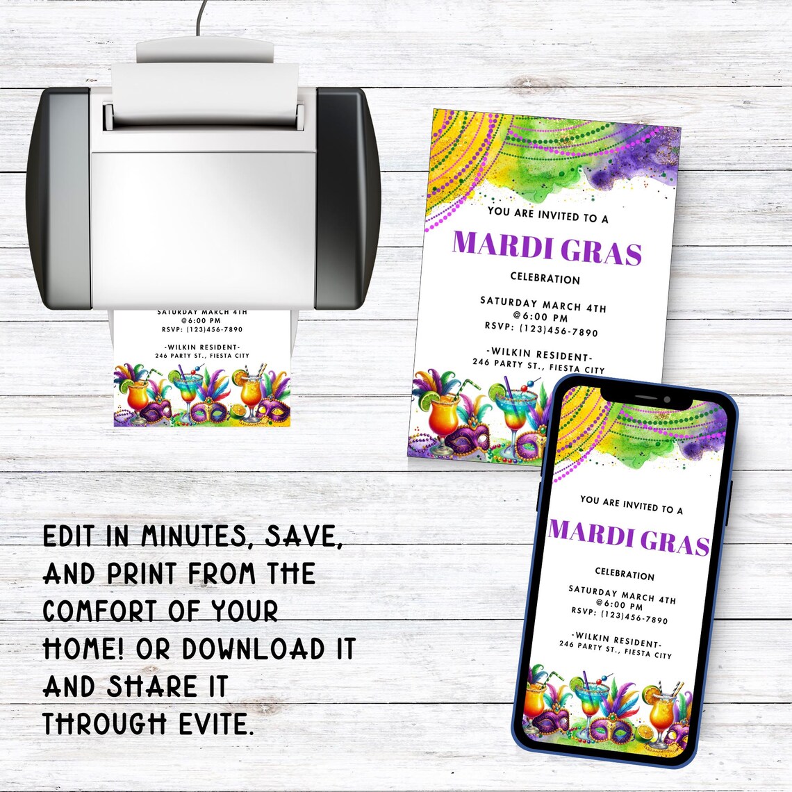 Editable Mardi Gras Birthday Invitation Carnival Themed Party ...