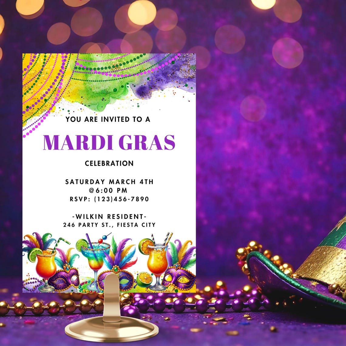 Editable Mardi Gras Birthday Invitation Carnival Themed Party ...