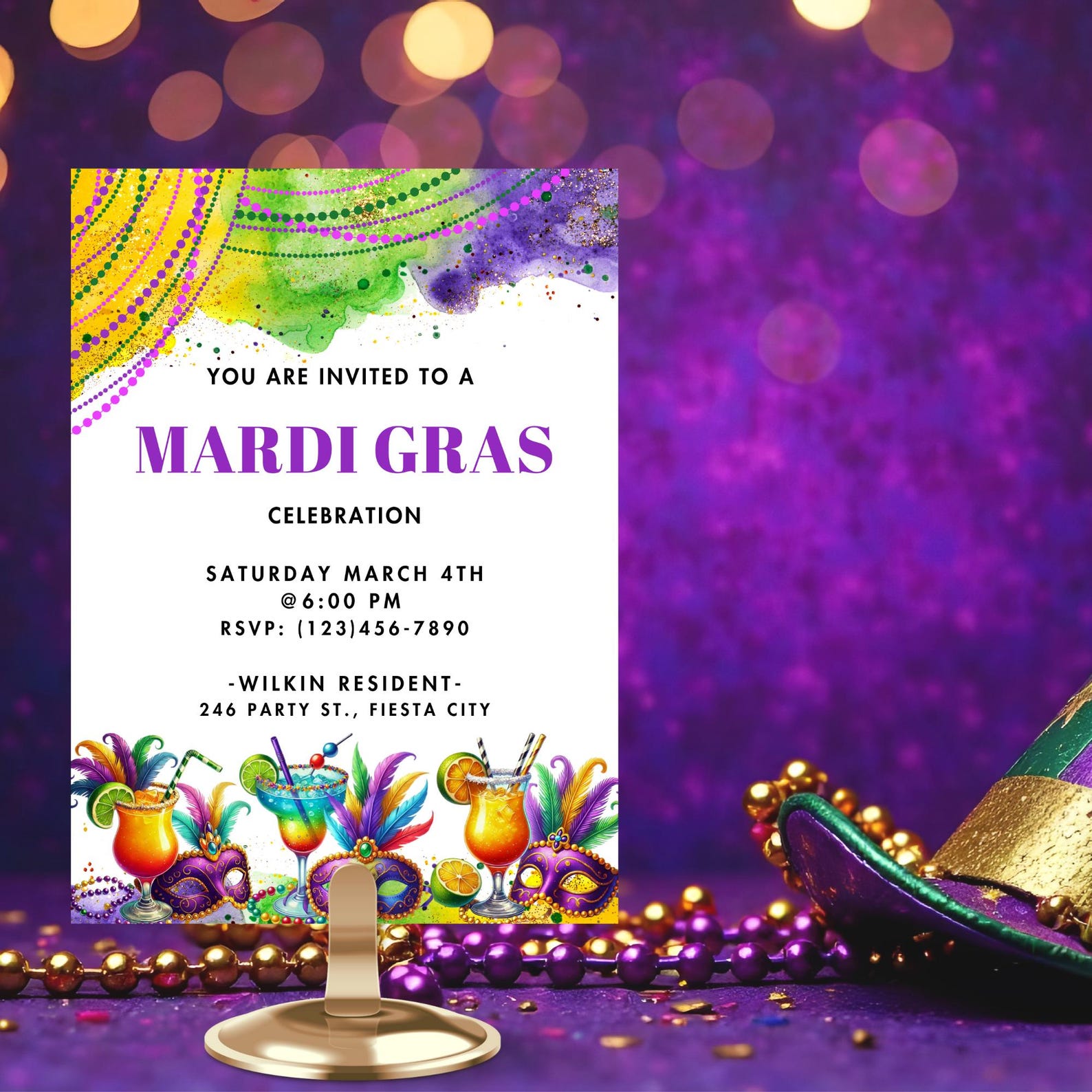 Editable Mardi Gras Birthday Invitation Carnival Themed Party ...
