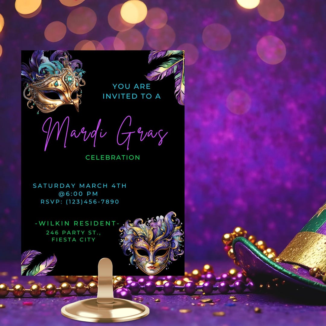 Editable Mardi Gras Birthday Invitation Carnival Themed Masquerade Mask ...