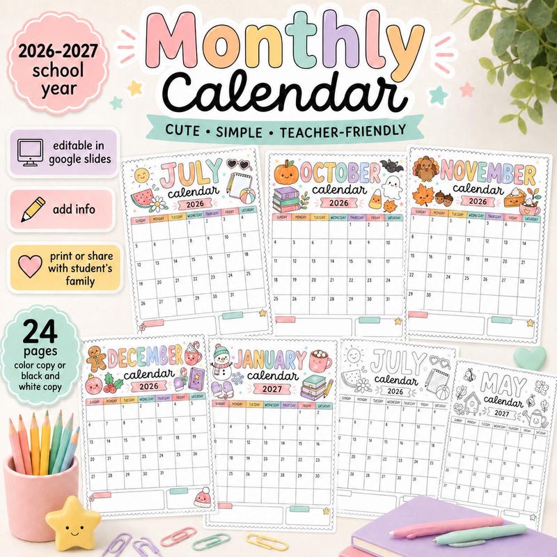 Pastel Monthly Calendar - Etsy