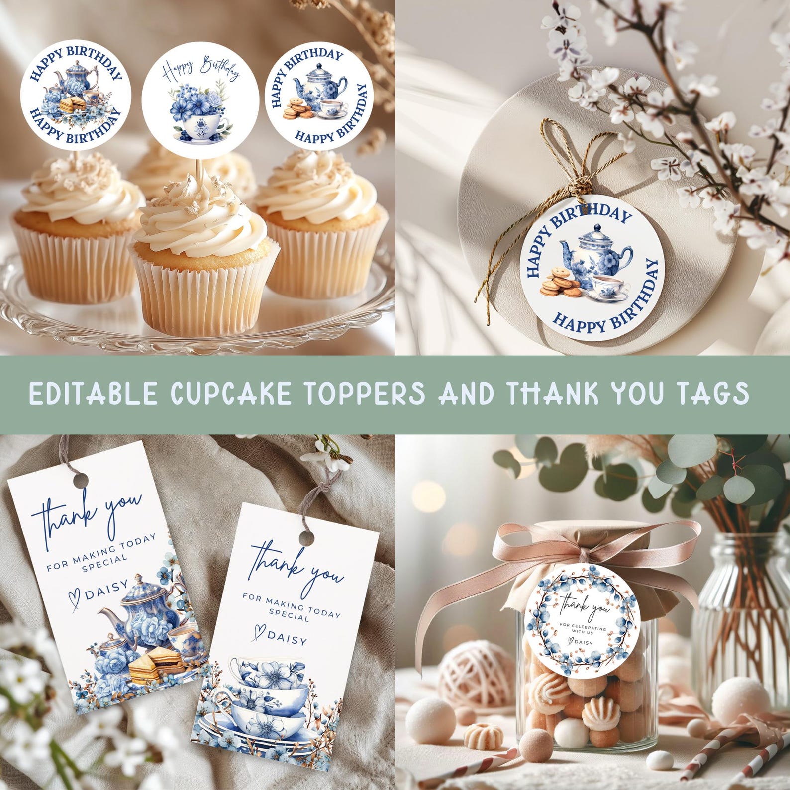 Editable Afternoon Tea Birthday Invitation Elegant Blue Floral Decor ...