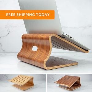 Wood Laptop Stand in Walnut & Natural Bamboo Finish, 11-inch Wide ...
