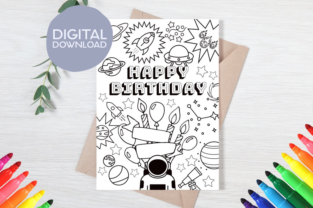 Printable Space Planets Galaxy Birthday Party Coloring Card | Instant ...