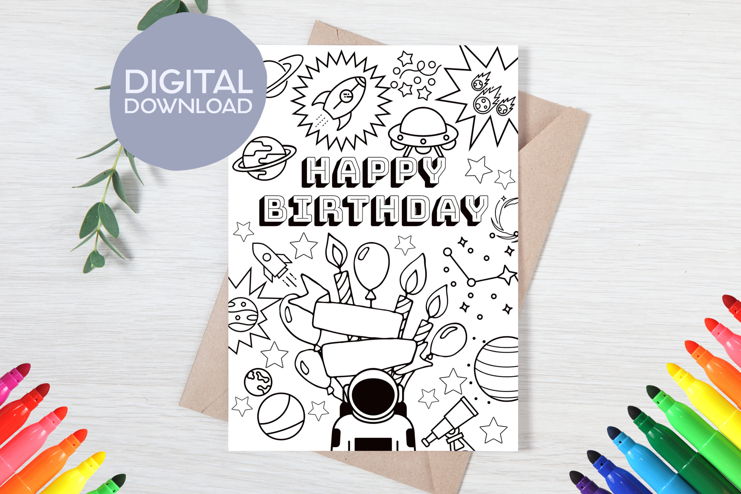 Printable Space Planets Galaxy Birthday Party Coloring Card | Instant ...