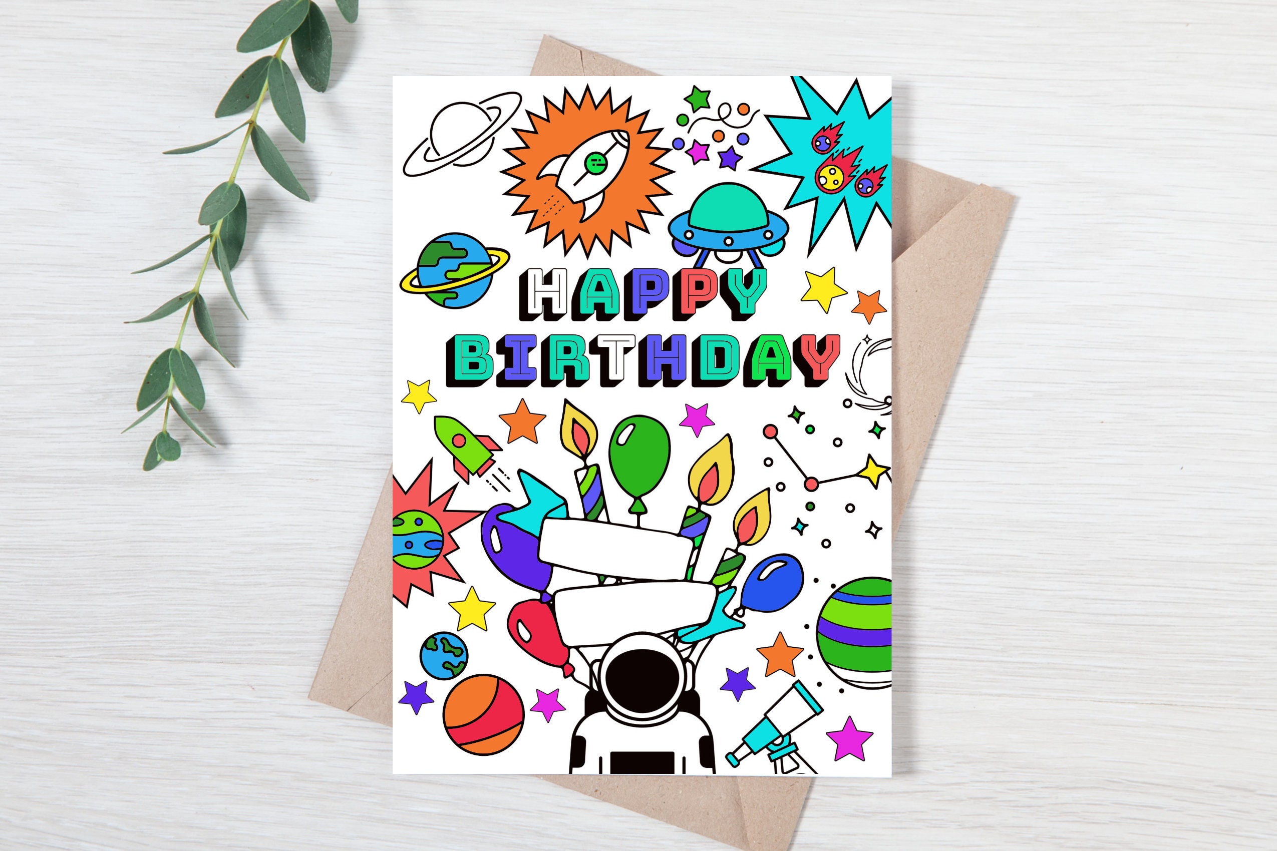 Printable Space Planets Galaxy Birthday Party Coloring Card | Instant ...
