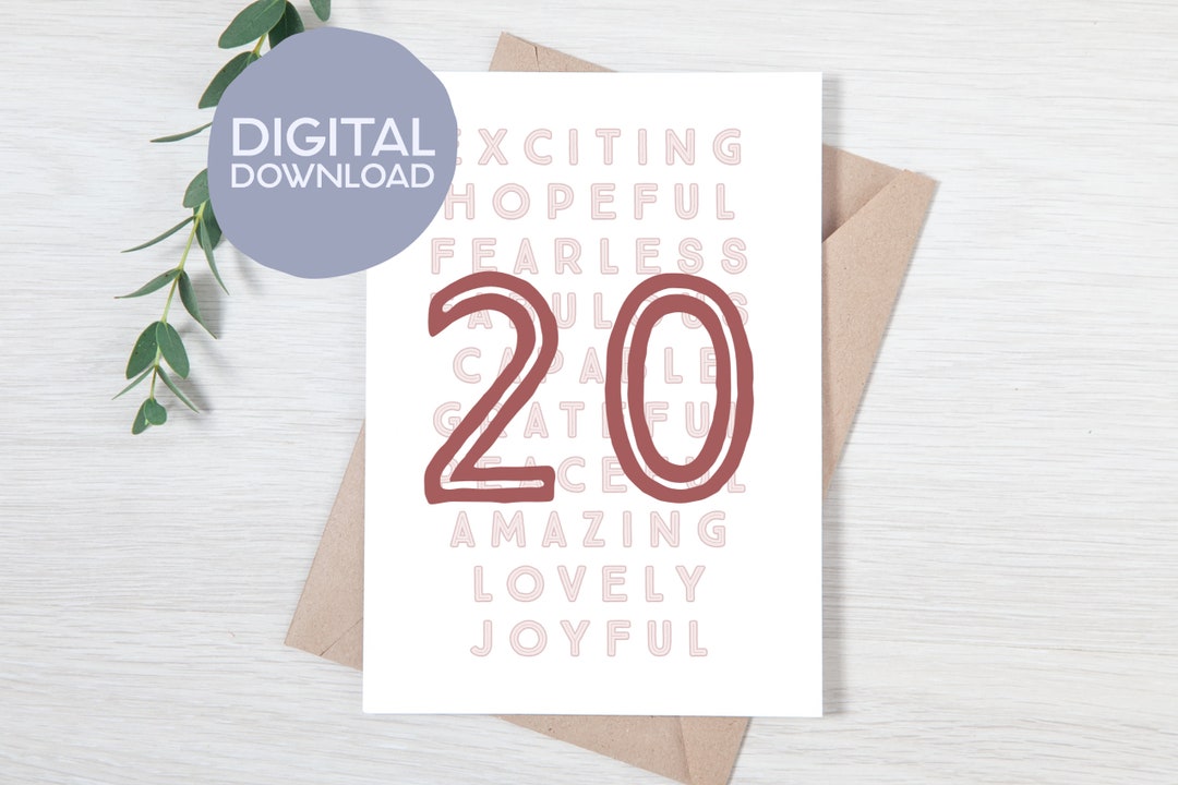 Printable 20th Birthday Card | Instant Digital Download | Happy 20th ...