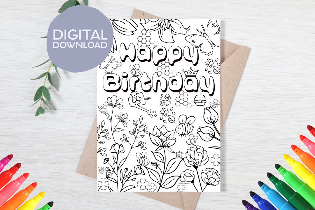 Printable Bees Buzz Garden Birthday Party Coloring Card | Instant ...