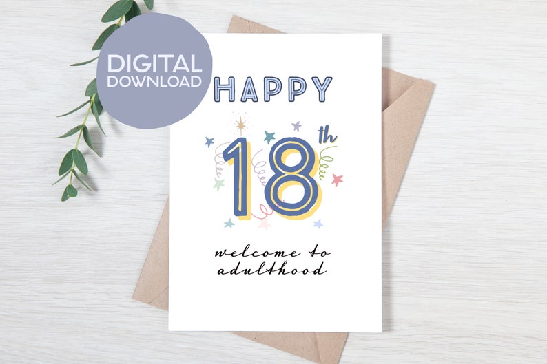 Printable 18th Birthday Card Instant Download Welcome to Adulthood 18 ...