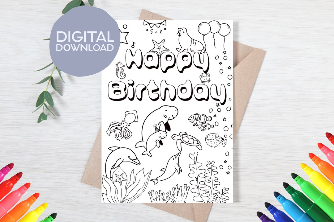 Printable Under the Sea Ocean Birthday Party Coloring Card | Instant ...