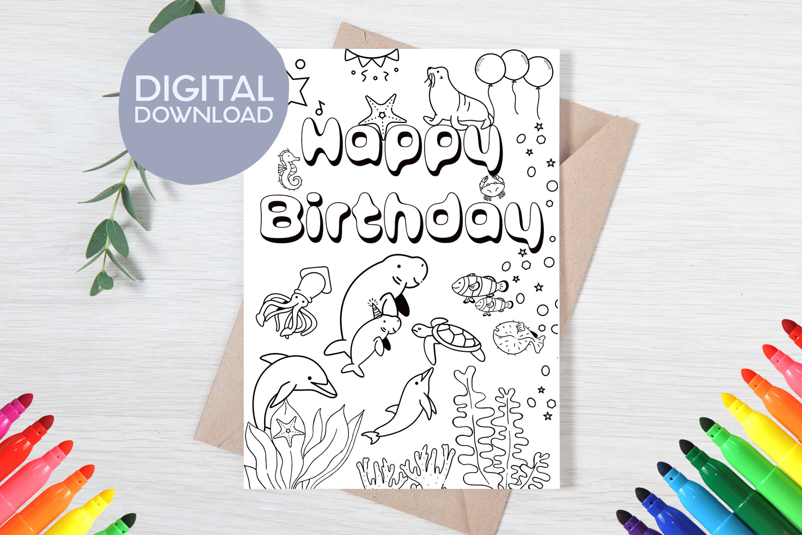 Printable Under the Sea Ocean Birthday Party Coloring Card | Instant ...