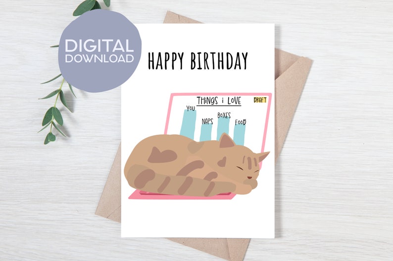 Printable Cat Funny Birthday Card | Instant Download | Sleepy Cat on ...