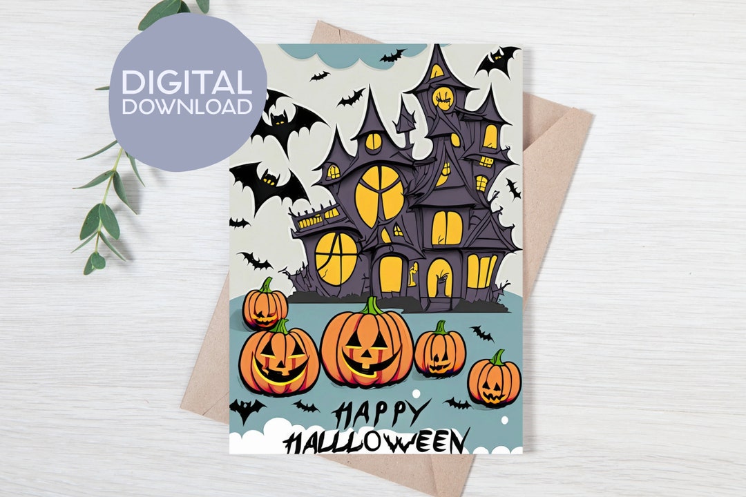 Printable Trick or Treat Spooky Haunted House Pumpkins Happy Halloween ...