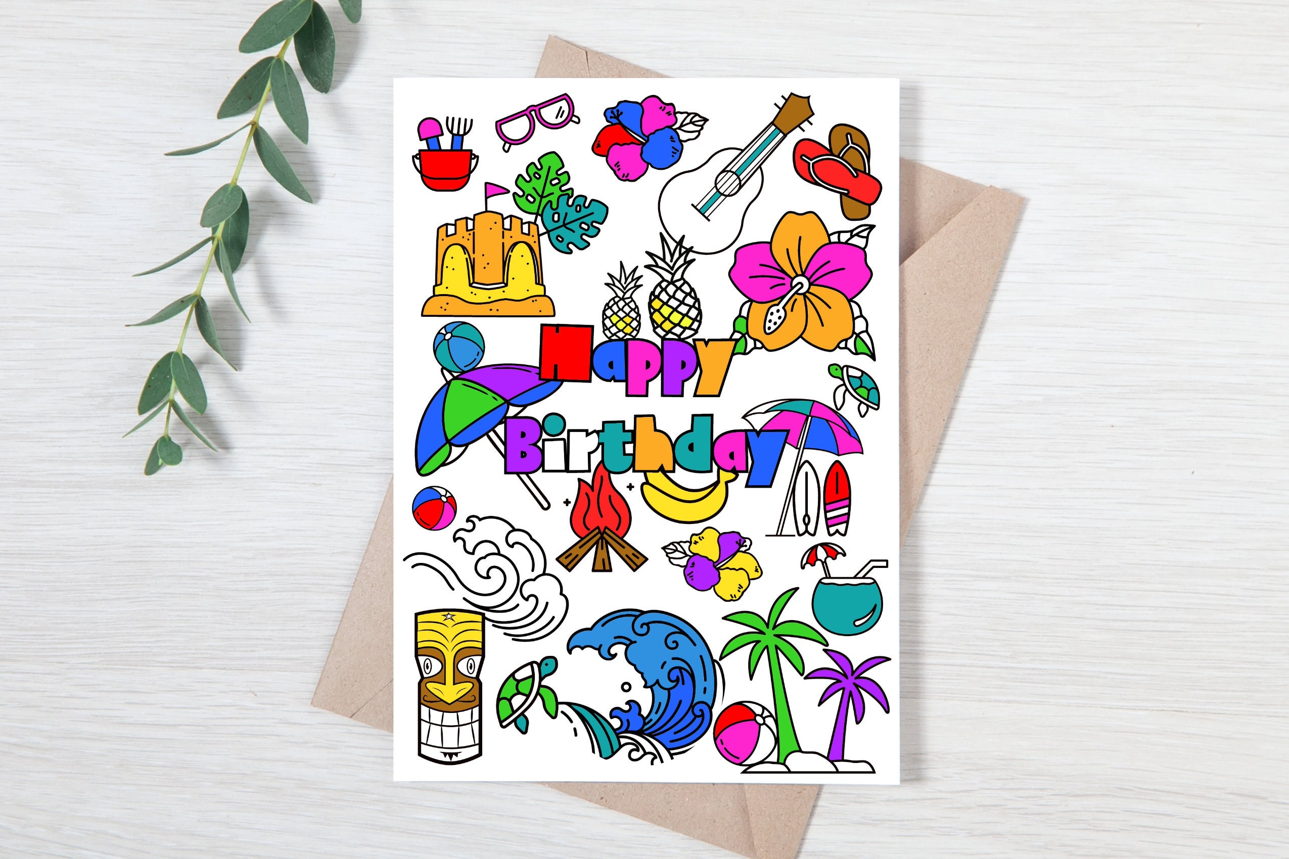 Printable Hawaii Island Aloha Beach Theme Birthday Party Coloring Card ...