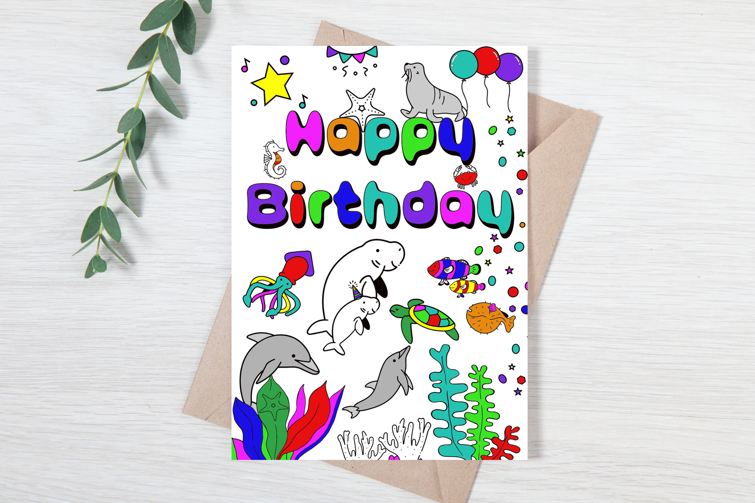Printable Under the Sea Ocean Birthday Party Coloring Card | Instant ...