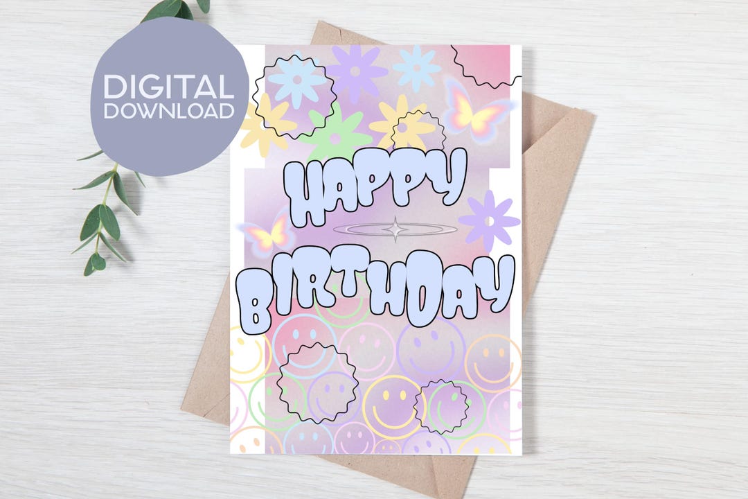 Printable Y2K Vibes Holographic Birthday Card | Y2K Bubbles Neon Smiley ...