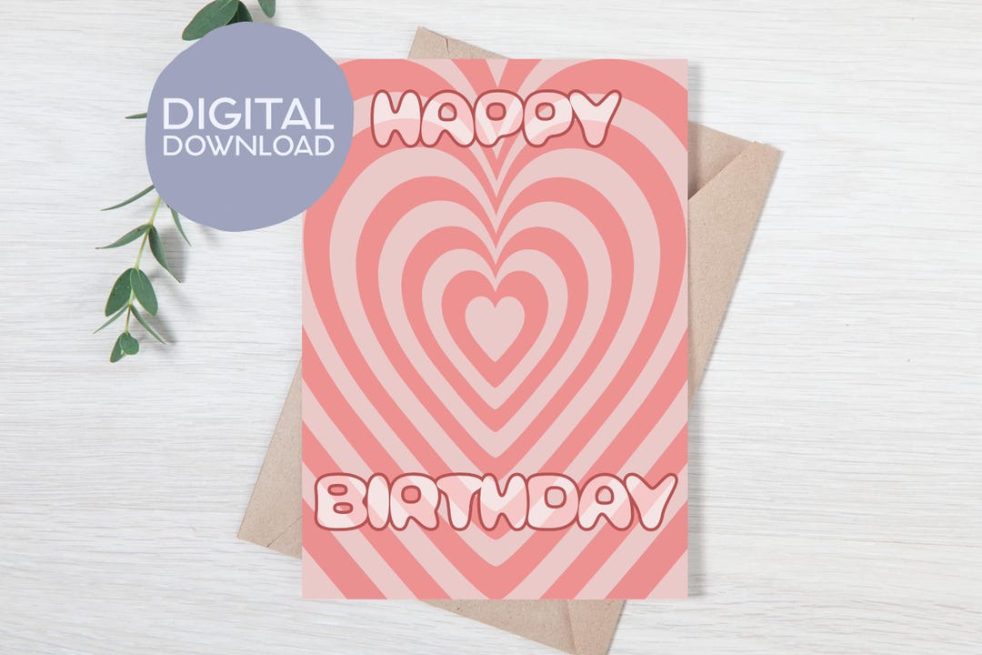 Printable Y2K Hearts Love Birthday Card | Y2K Bubble Font Beating Heart ...