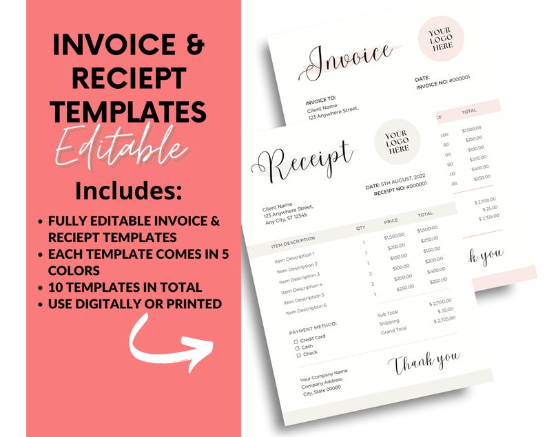 Editable Invoice and Receipt Template Bundle-invoice Template Download ...