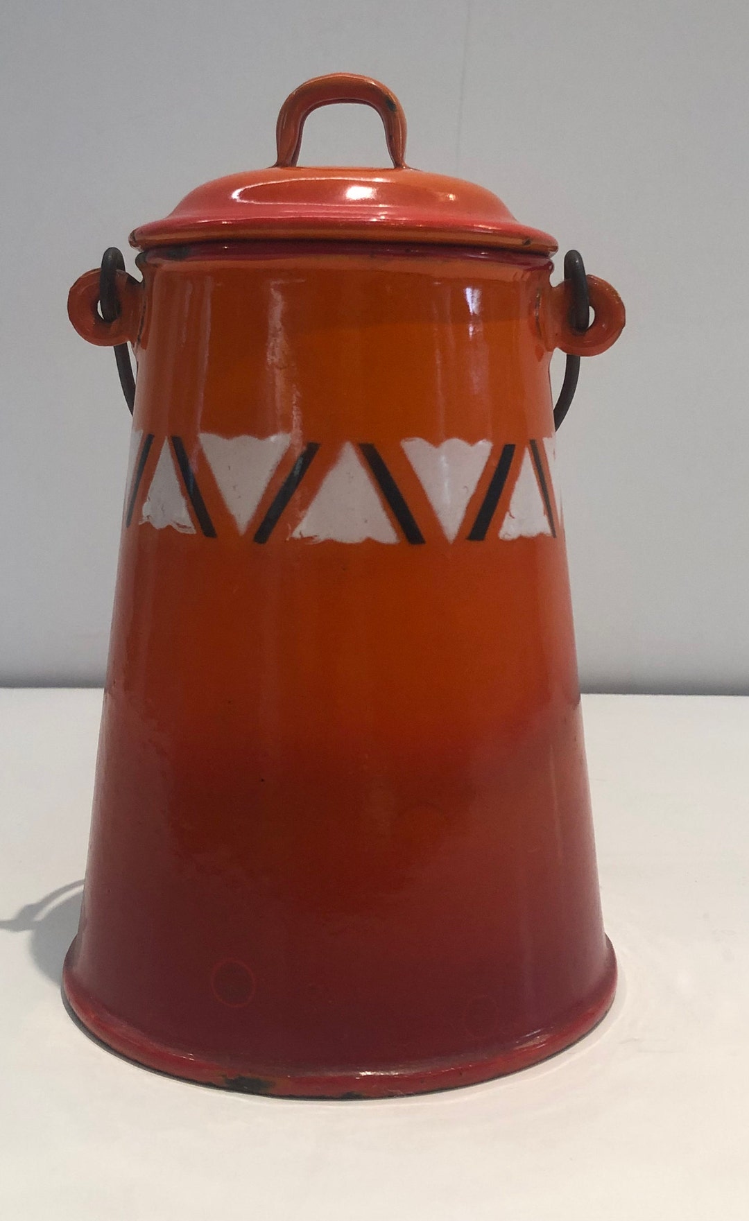 French Enamelware Pot, Orange With Triangle Pattern - Etsy