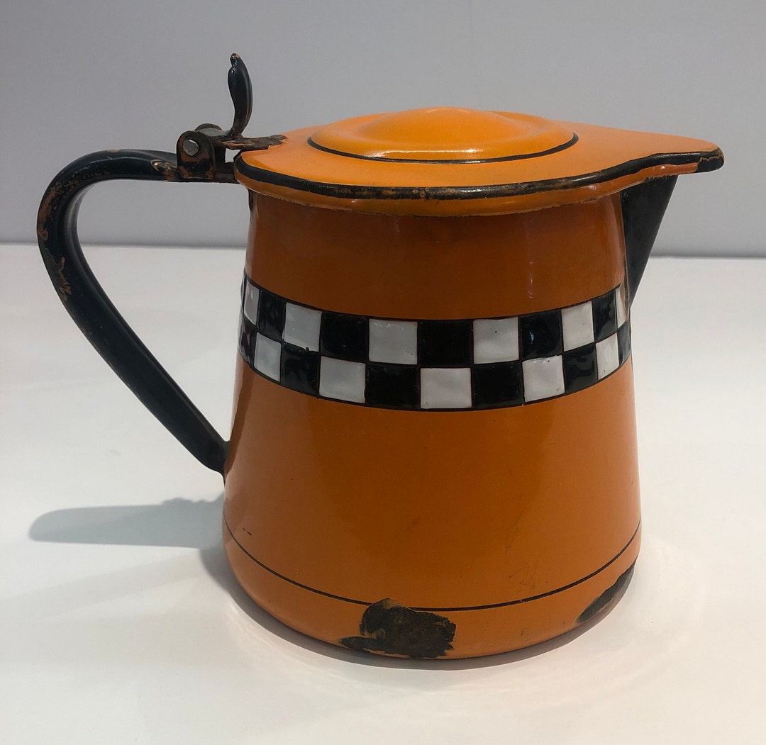 French Enamelware Coffee Pot, Orange With Black & White Checkers - Etsy