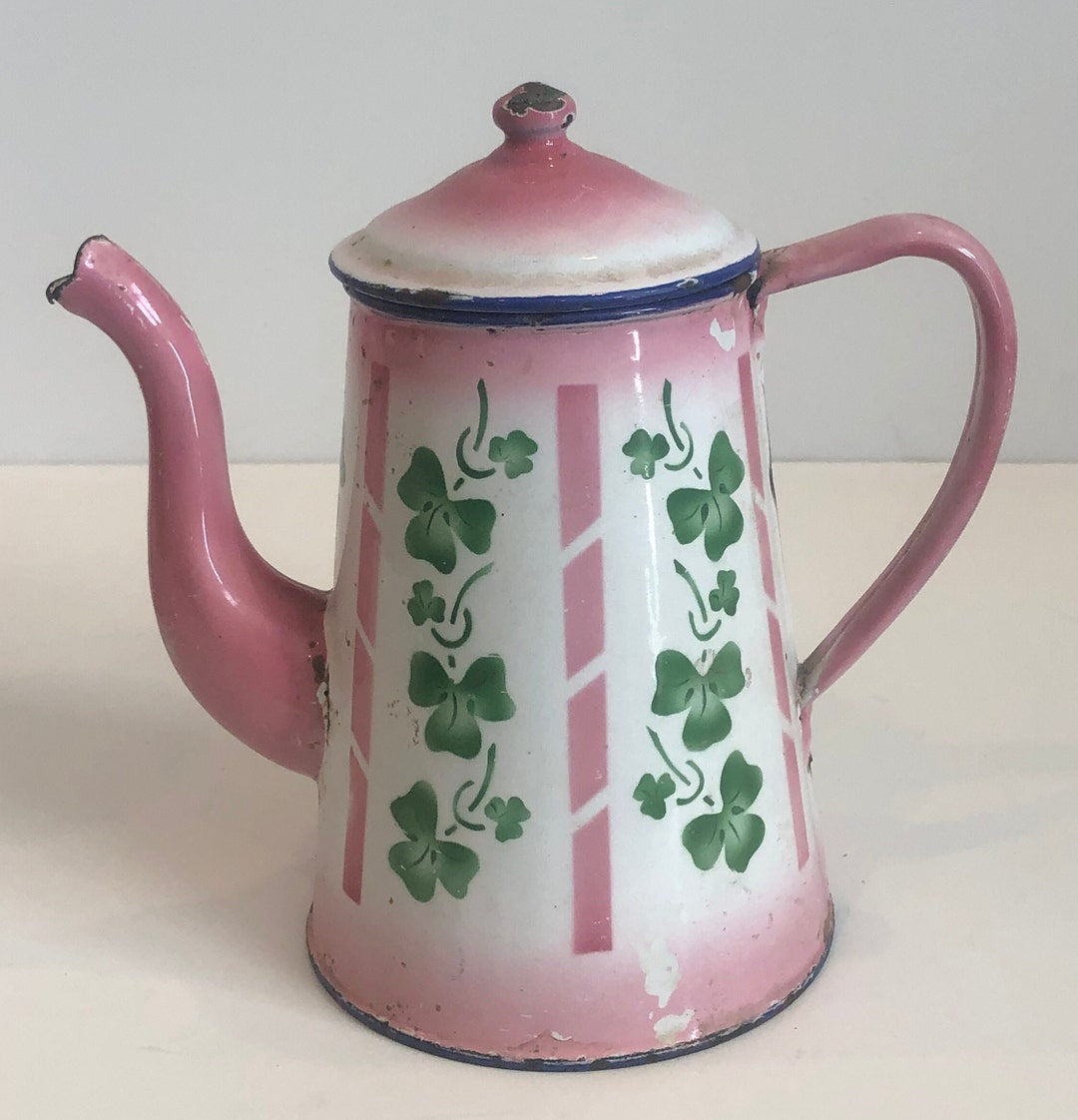 Antique French Pink With Blue Rim & Clover Enamel Coffee Pot - Etsy