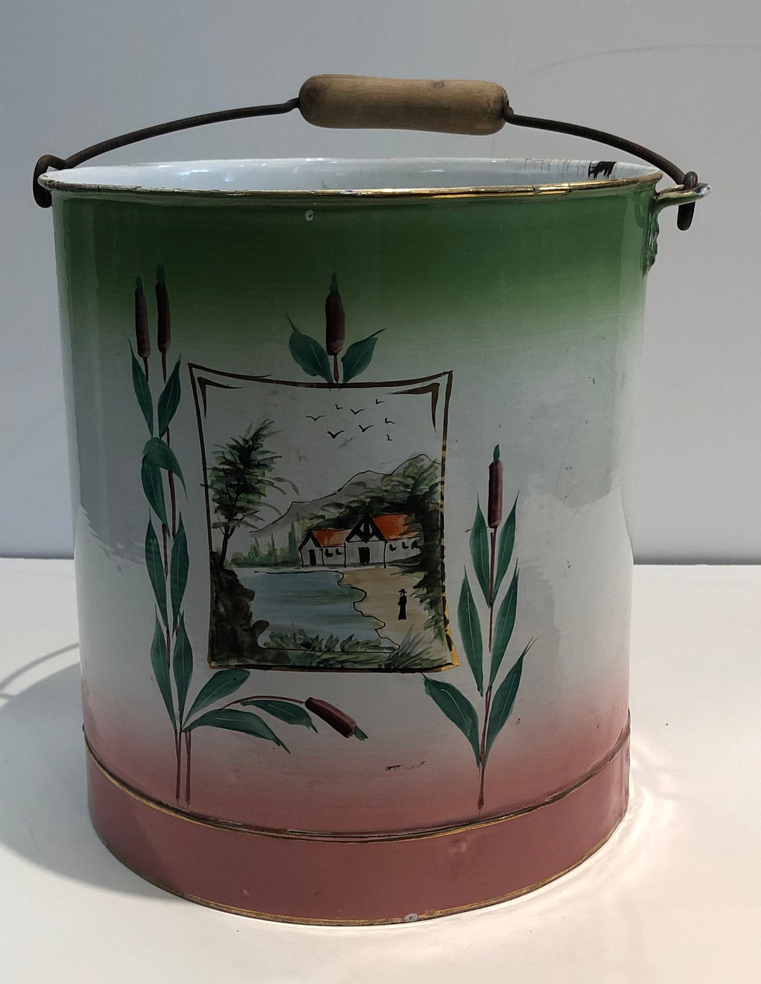Antique French Enamel Bucket W/handle Hand Painted - Etsy