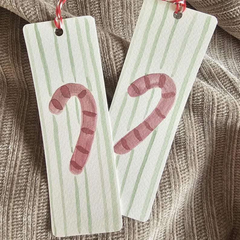 Handmade Christmas Candy Cane Watercolor Bookmark, Set of Two - Etsy