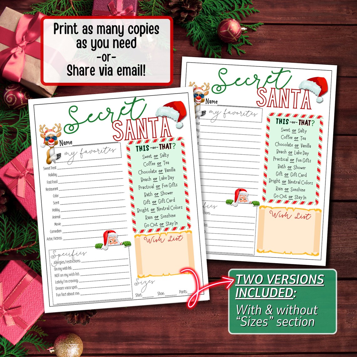 PRINTABLE Secret Santa Questionnaire BUNDLE, Office Gift Exchange ...