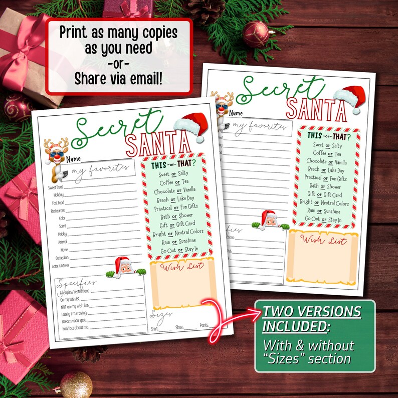 PRINTABLE Secret Santa Questionnaire BUNDLE, Office Gift Exchange ...