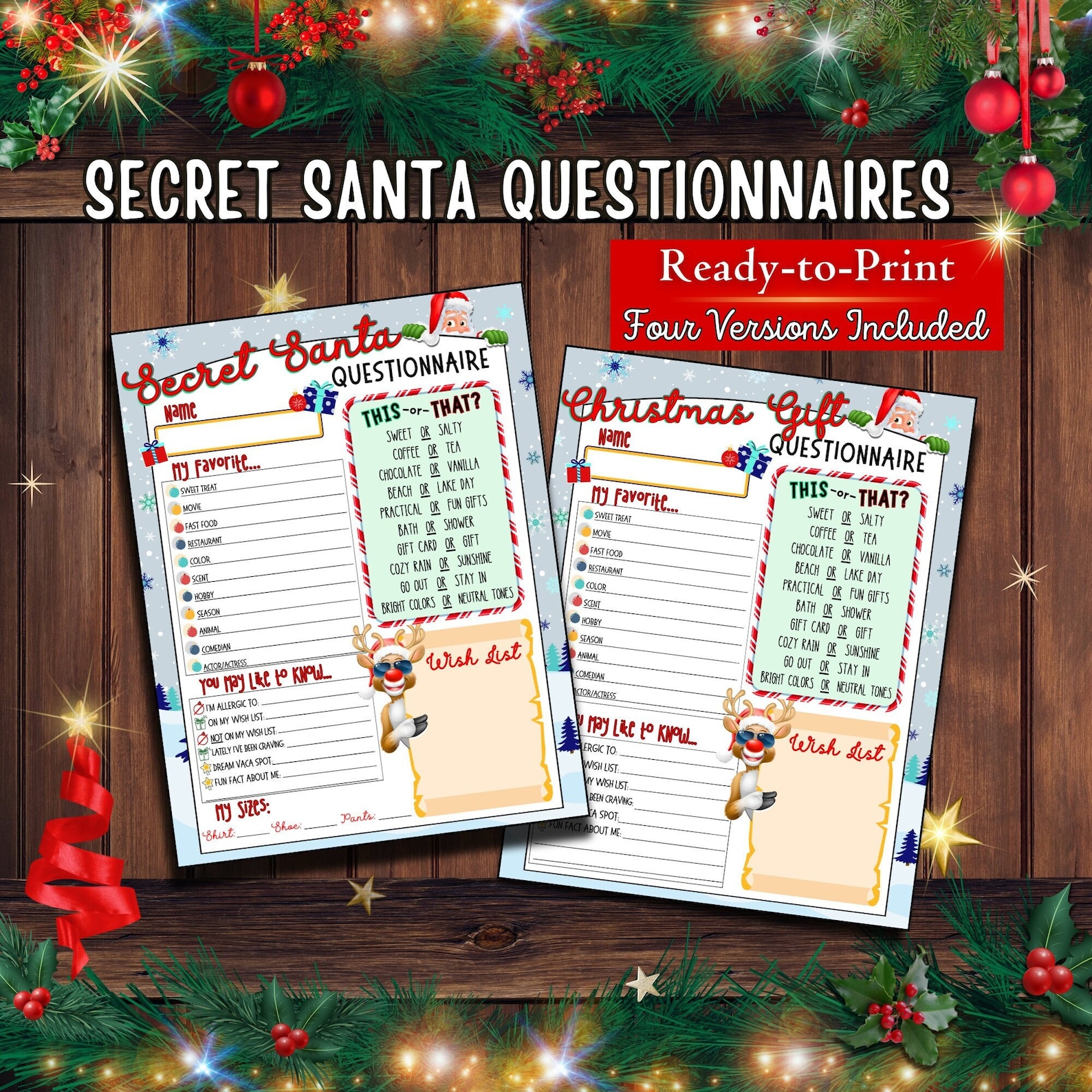 Secret Santa Questionnaire PRINTABLE, Gift Exchange, Secret Santa ...