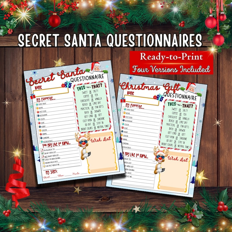 Secret Santa Questionnaire PRINTABLE, Gift Exchange, Secret Santa ...