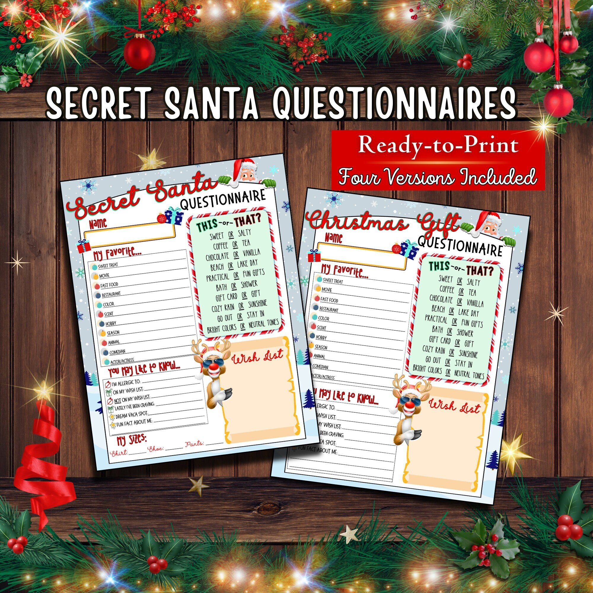 Secret Santa Questionnaire PRINTABLE, Gift Exchange, Secret Santa ...
