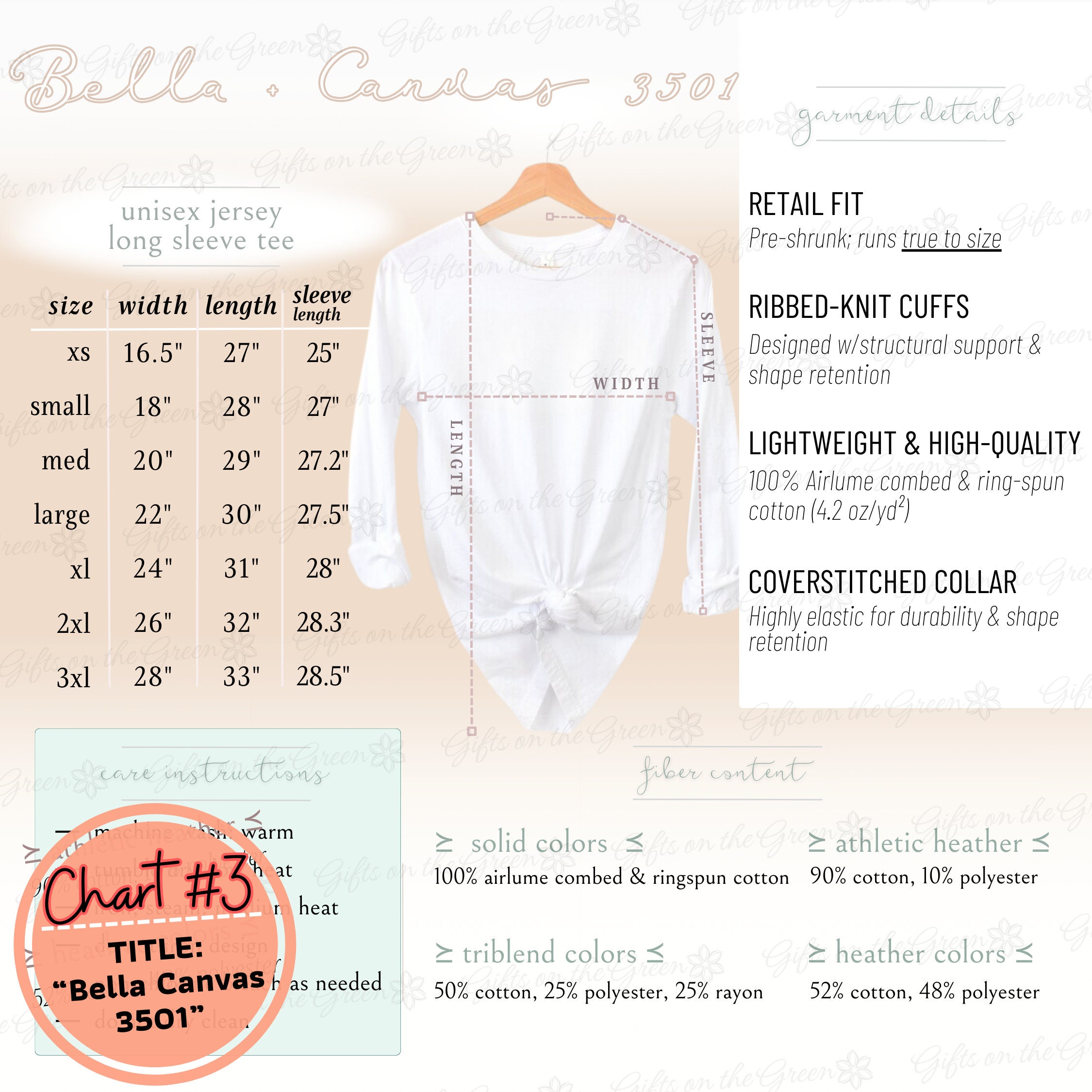 3501 Size Chart- Bella Canvas 3501 Long Sleeve Size Chart, Printify ...