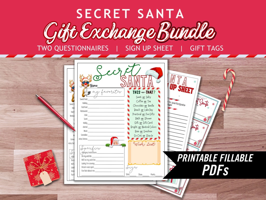 PRINTABLE Secret Santa Questionnaire BUNDLE, Office Gift Exchange ...