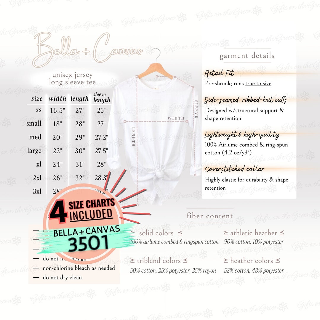Bella Canvas 3501 Size Chart With Care Instructions, Print on Demand BC ...