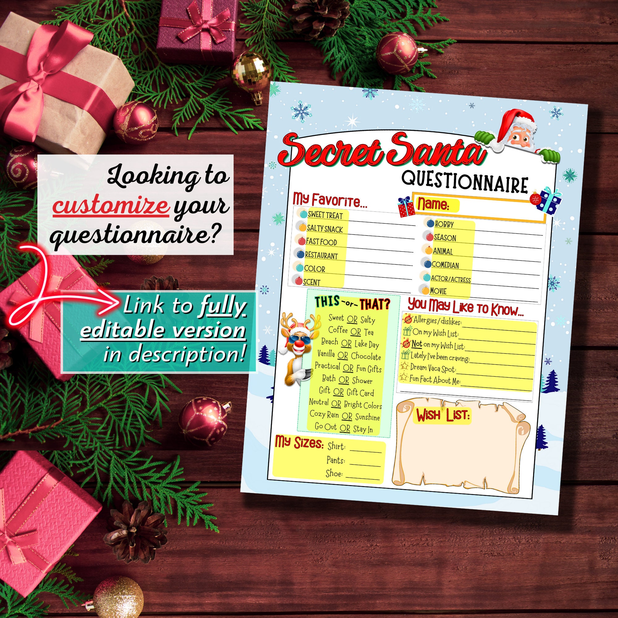 Secret Santa Questionnaire PRINTABLE, Gift Exchange, Secret Santa ...