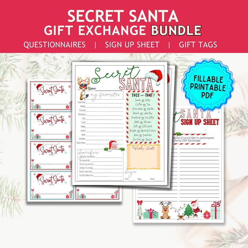 PRINTABLE Secret Santa Questionnaire BUNDLE, Office Gift Exchange ...