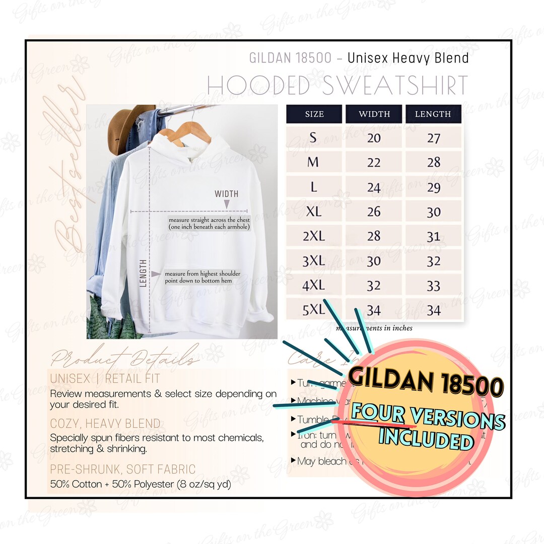 Gildan 18500 Size Chart, Gildan 18500 Mockup, Care Instructions, Gildan 18500, Gildan Size Chart ...