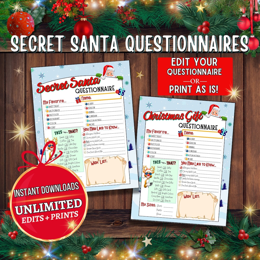 EDITABLE Secret Santa Questionnaire, Printable Secret Santa Gift ...