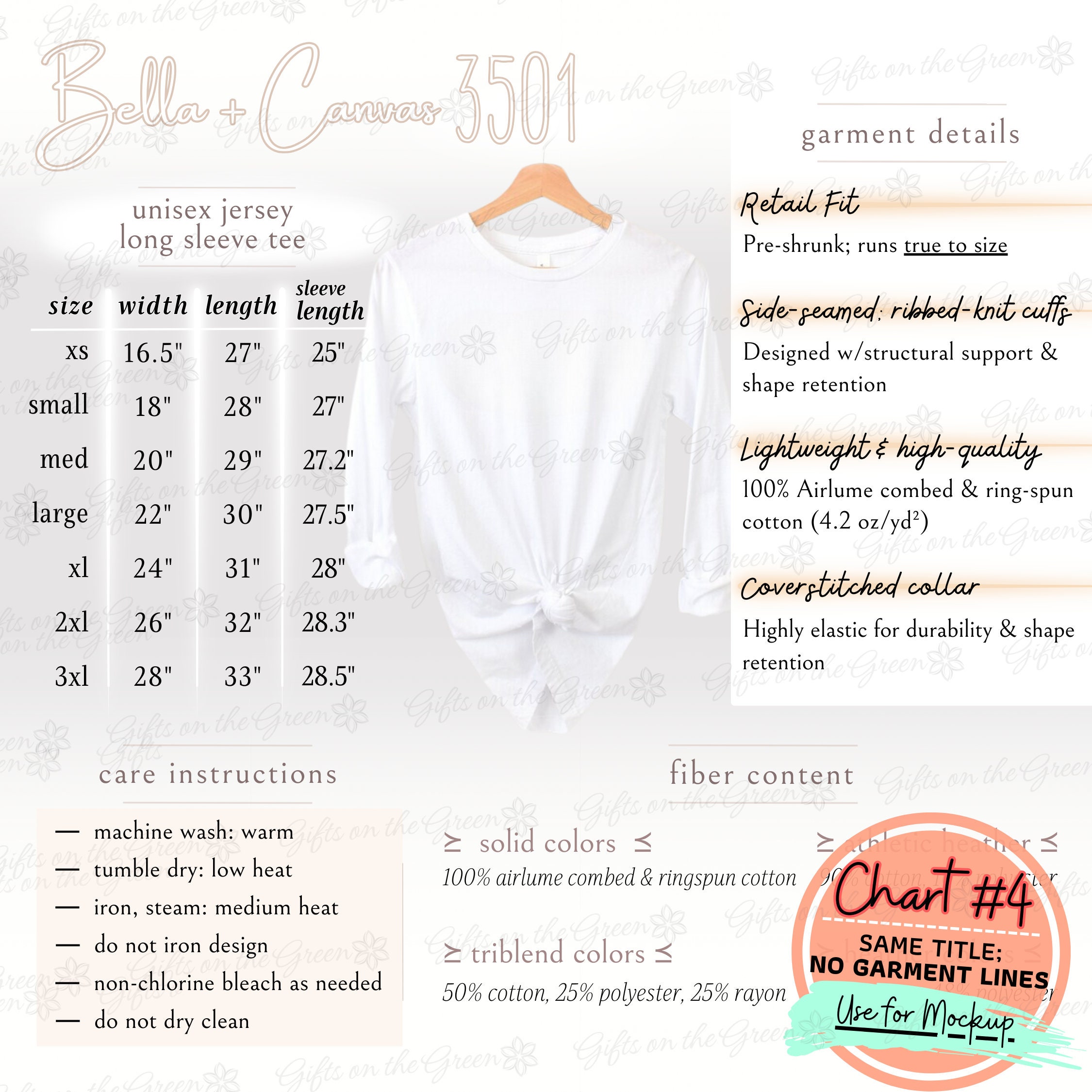 Bella Canvas 3501 Size Chart With Care Instructions, Print on Demand BC ...