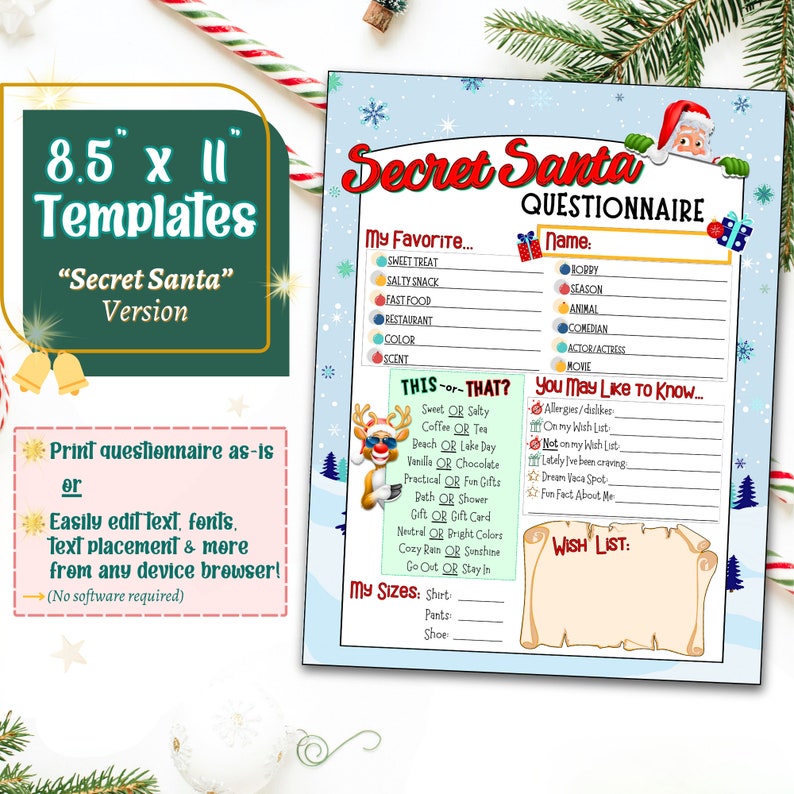 EDITABLE Secret Santa Questionnaire, Printable Secret Santa Gift ...