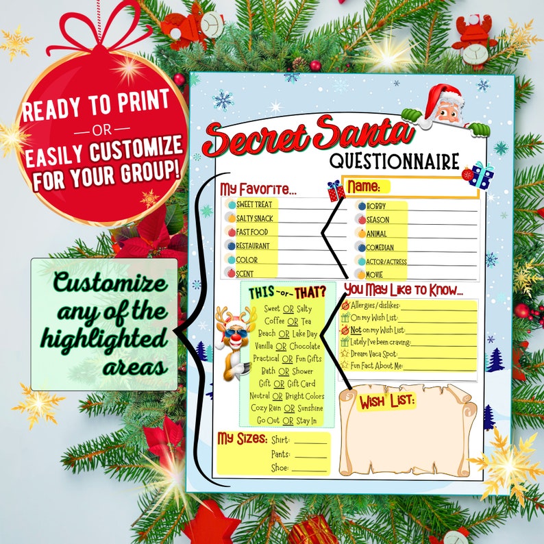 EDITABLE Secret Santa Questionnaire, Printable Secret Santa Gift ...