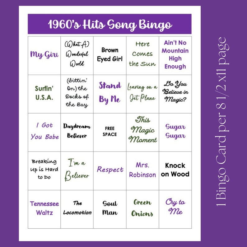 1960's Song Bingo - Etsy