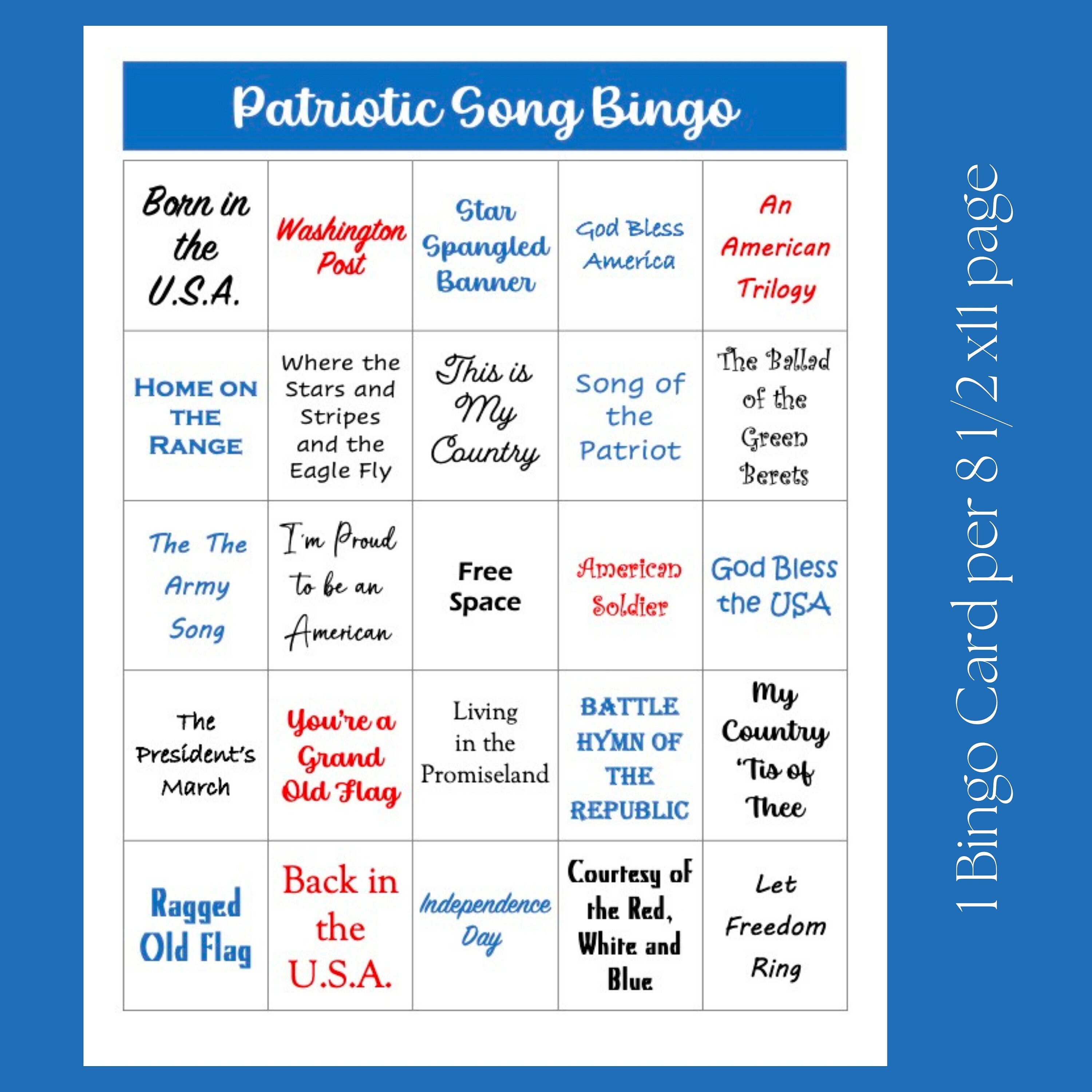 Patriotic Song Bingo - Etsy