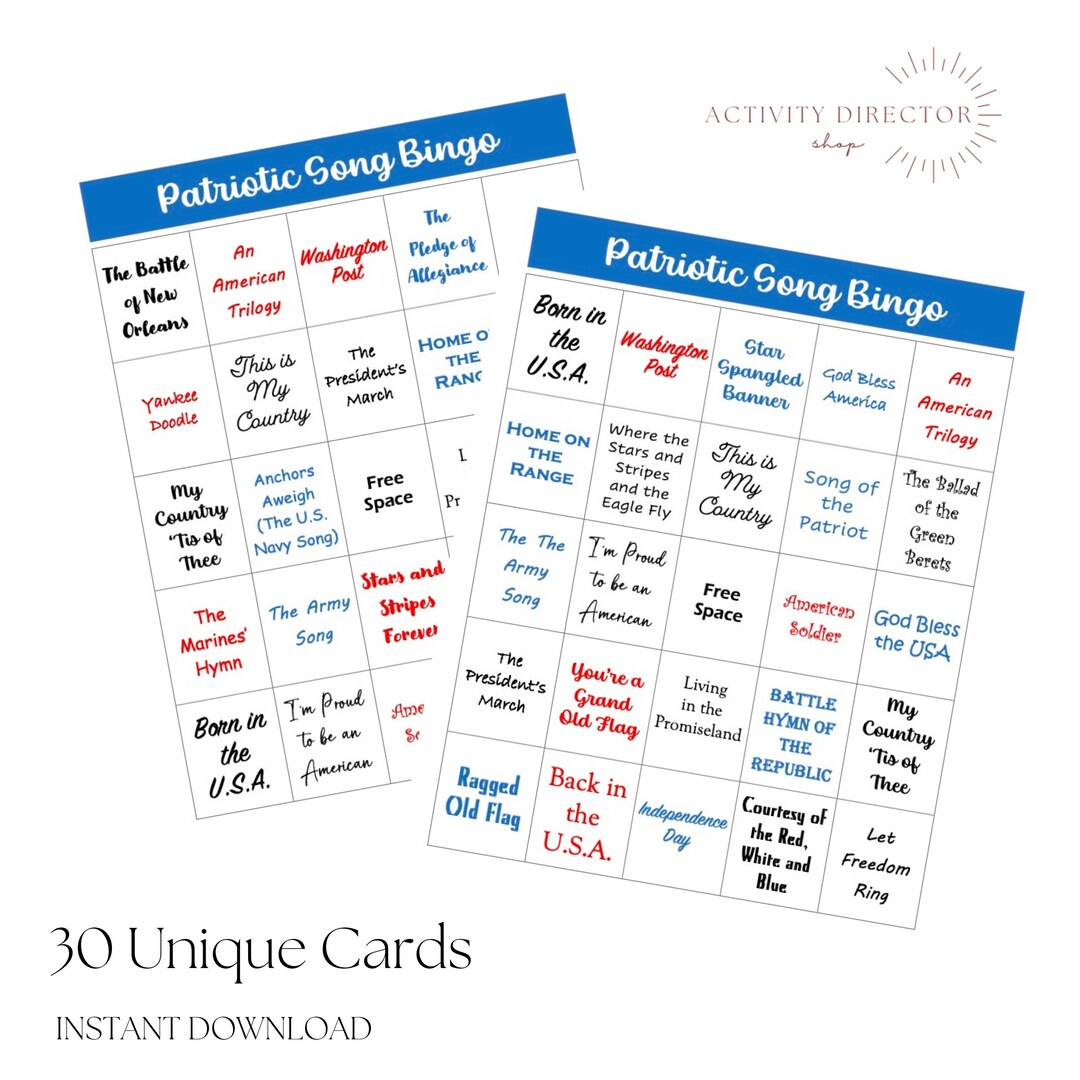 Patriotic Song Bingo - Etsy
