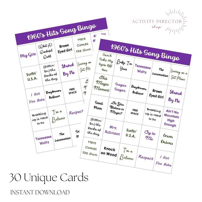 1960's Song Bingo - Etsy