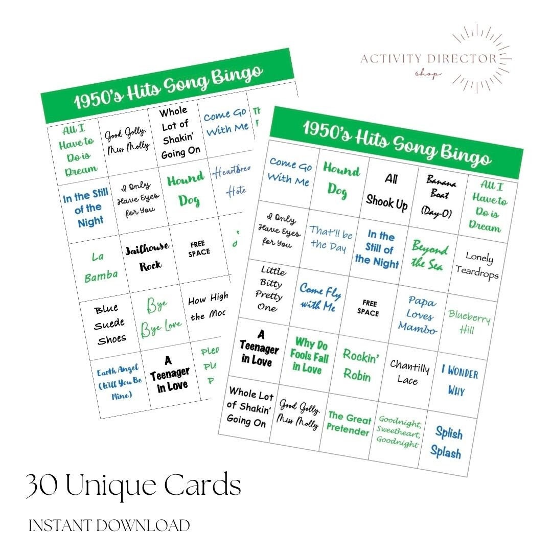 1950's Hits Song Bingo - Etsy