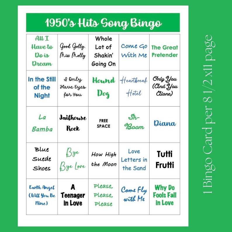 1950's Hits Song Bingo - Etsy